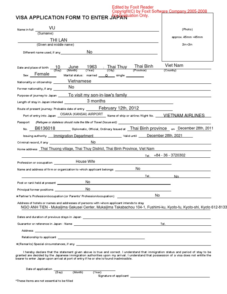 Visa Application Form To Enter Japan: Thi Lan | PDF