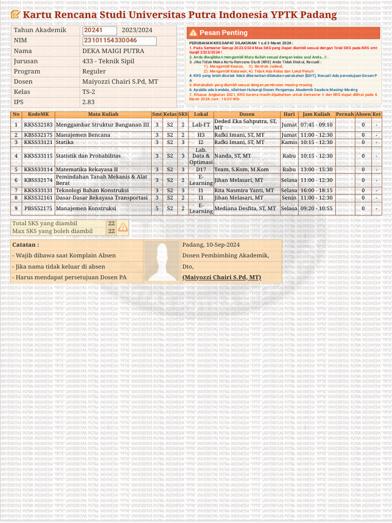 Print Kartu Rencana Studi (KRS) Mahasiswa (7) | PDF