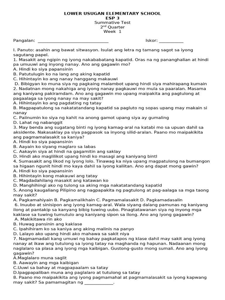 Lower Usugan Elementary School Esp 3 | PDF