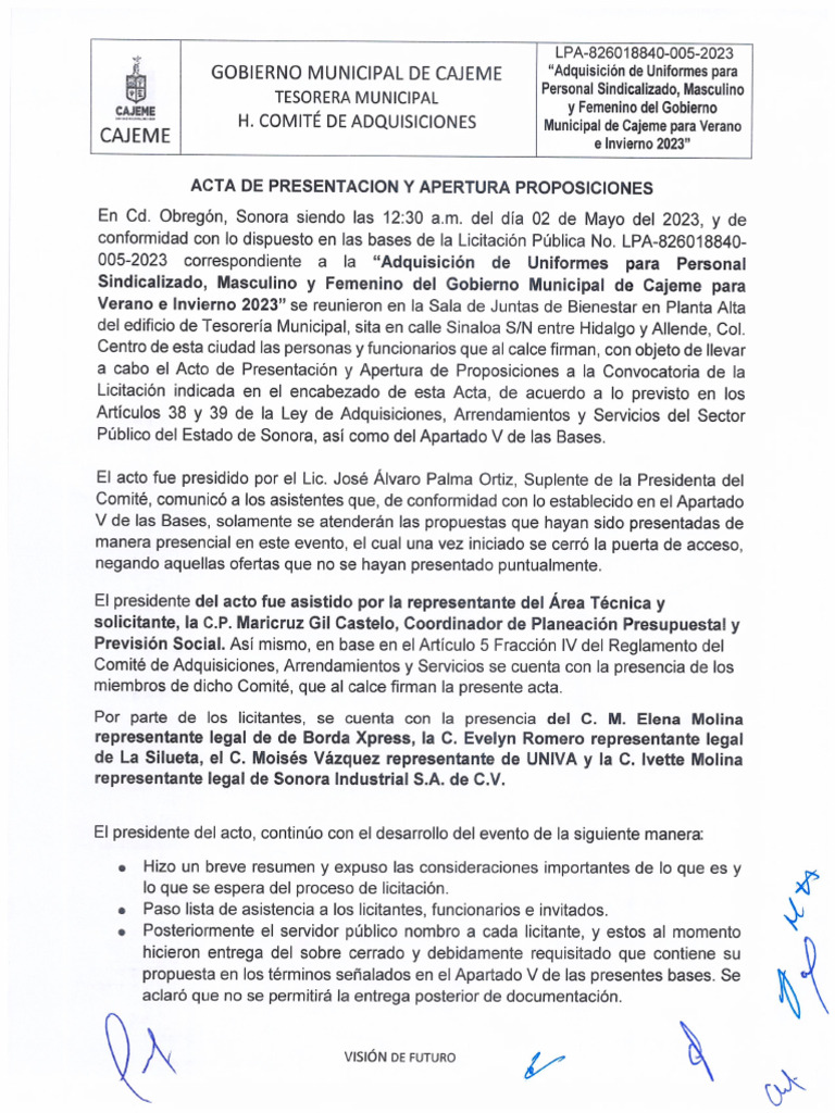 Acta De Apertura Y Proposiciones Pdf