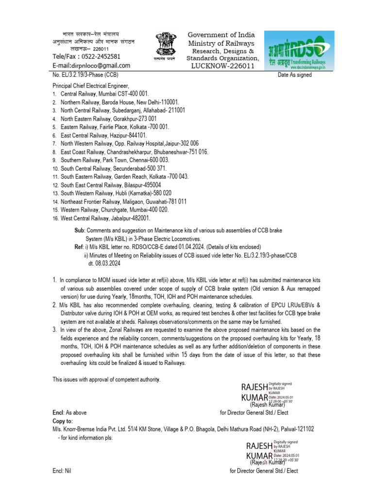 (RDSO Letter) Comments and Suggestions On Maintenance Kits of Various ...