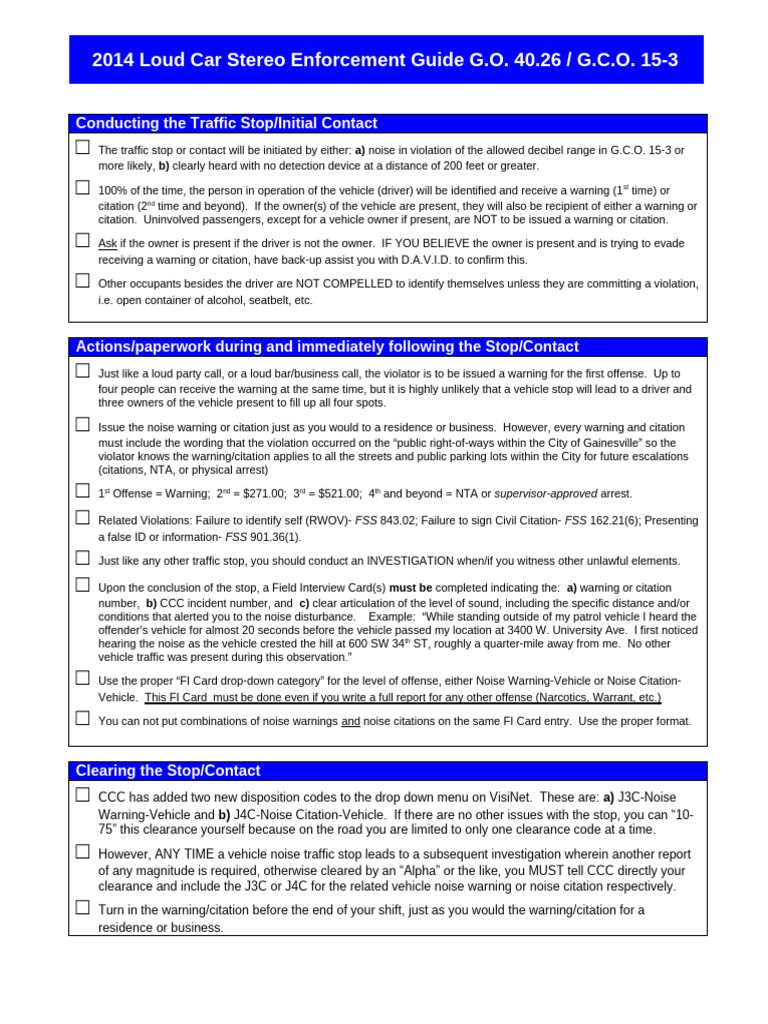 Loud Car Stereo Enforcement Checklist | PDF