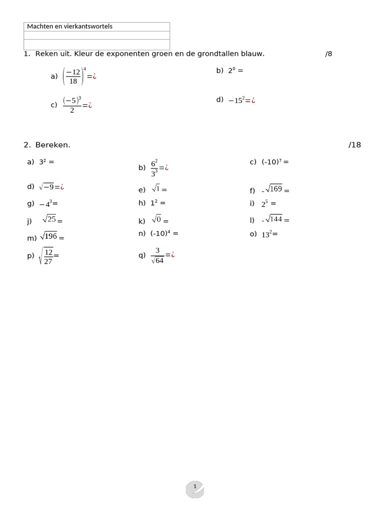 Machten en Vierkantswortels Oefeningen | PDF