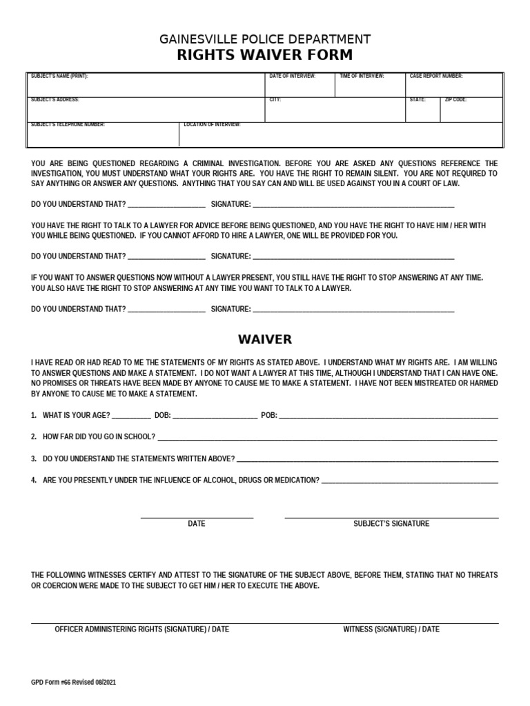 Rights Waiver Report Form 66 - 08-2021 | PDF