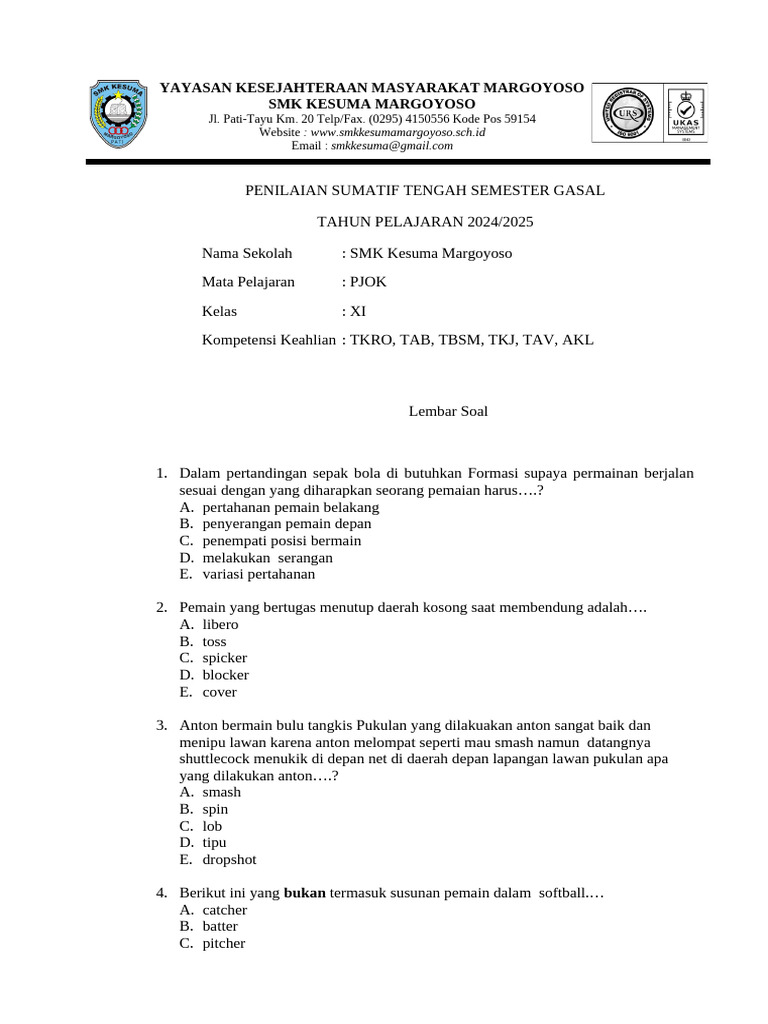 Lembar Soal Pjok Xi PSTS Gasal 2024 | PDF