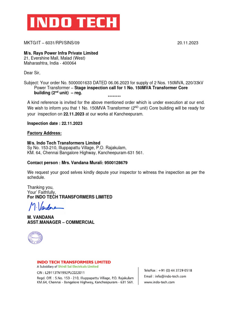 Inspection Call For 1 No.150MVA 2nd Unit Core Building | PDF