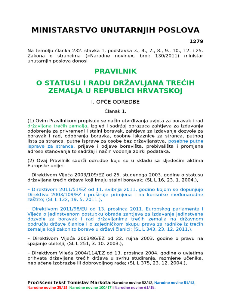 MINISTARSTVO UNUTARNJIH POSLOVA Zakono Strancima Pravilnik o Radu | PDF