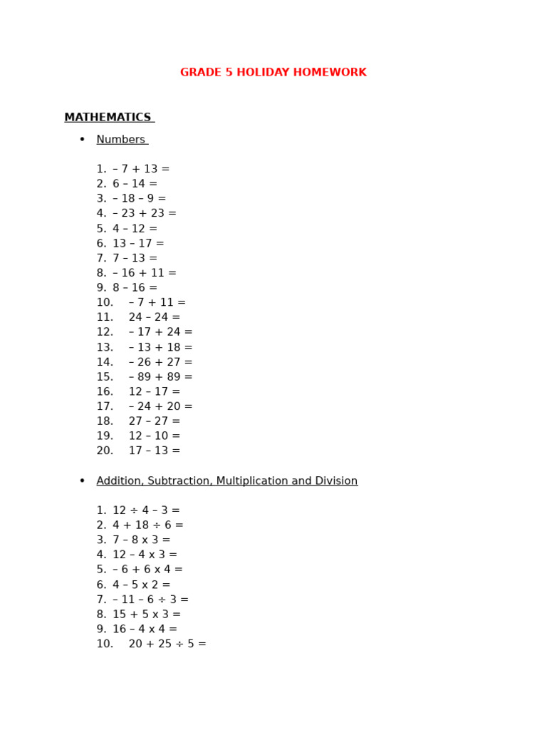 Grade 5 Holiday Homework | PDF | Mathematics | Arithmetic Grade 5 Holiday Homework | PDF | Mathematics | Arithmetic