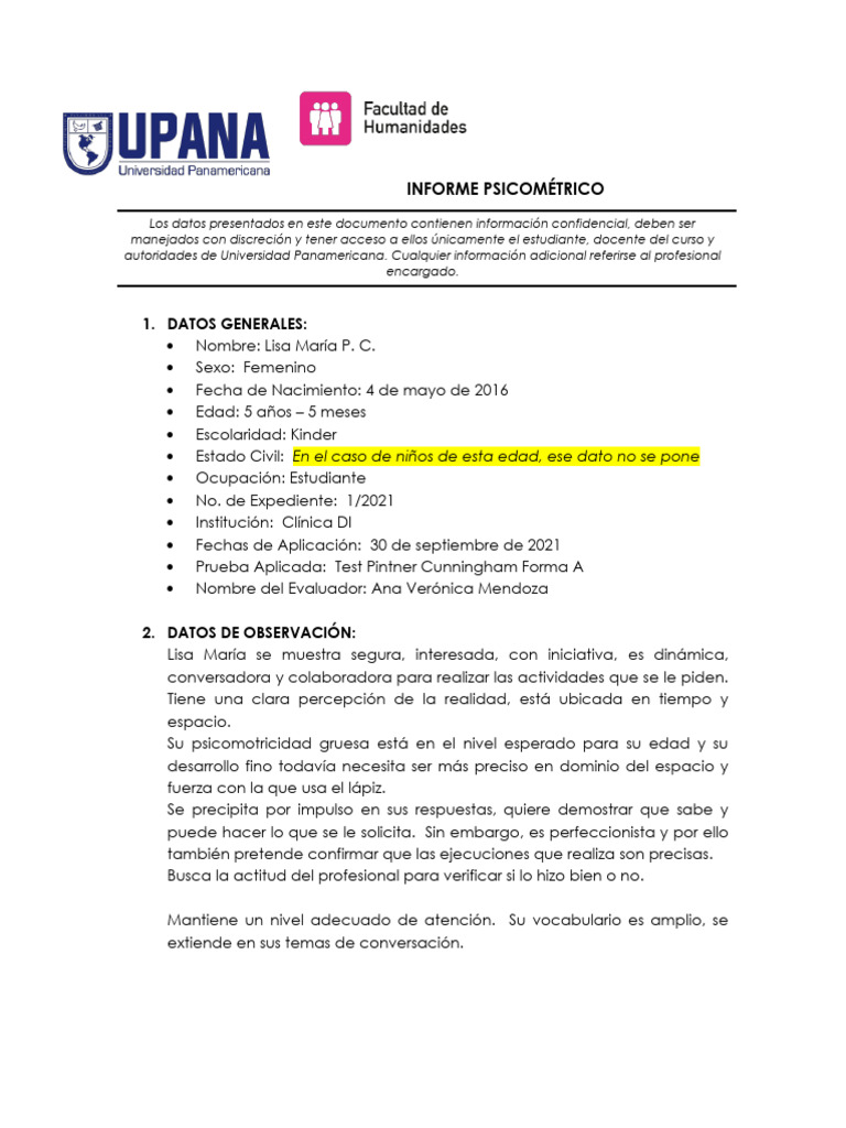 Informe Psicométrico Pintner, Ejemplo | PDF