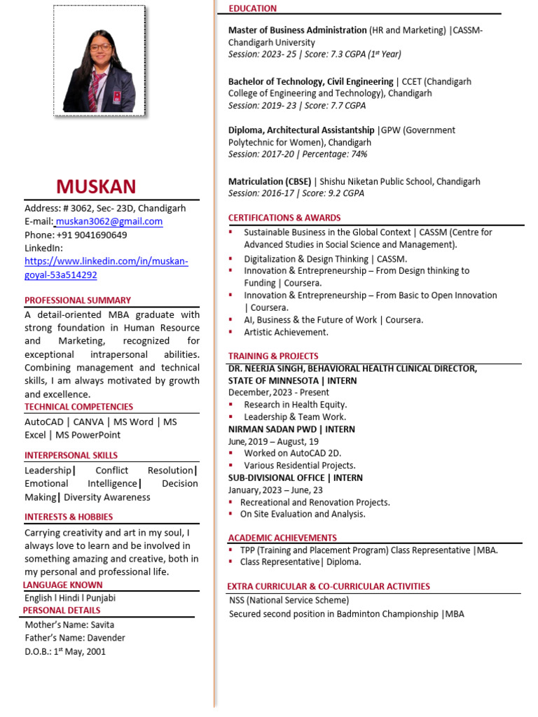 Muskan 23MBC10001 Resume | PDF