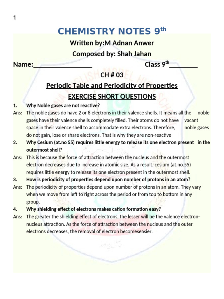 Chemistry 9th Ch 03 Pdf Periodic Table Atoms