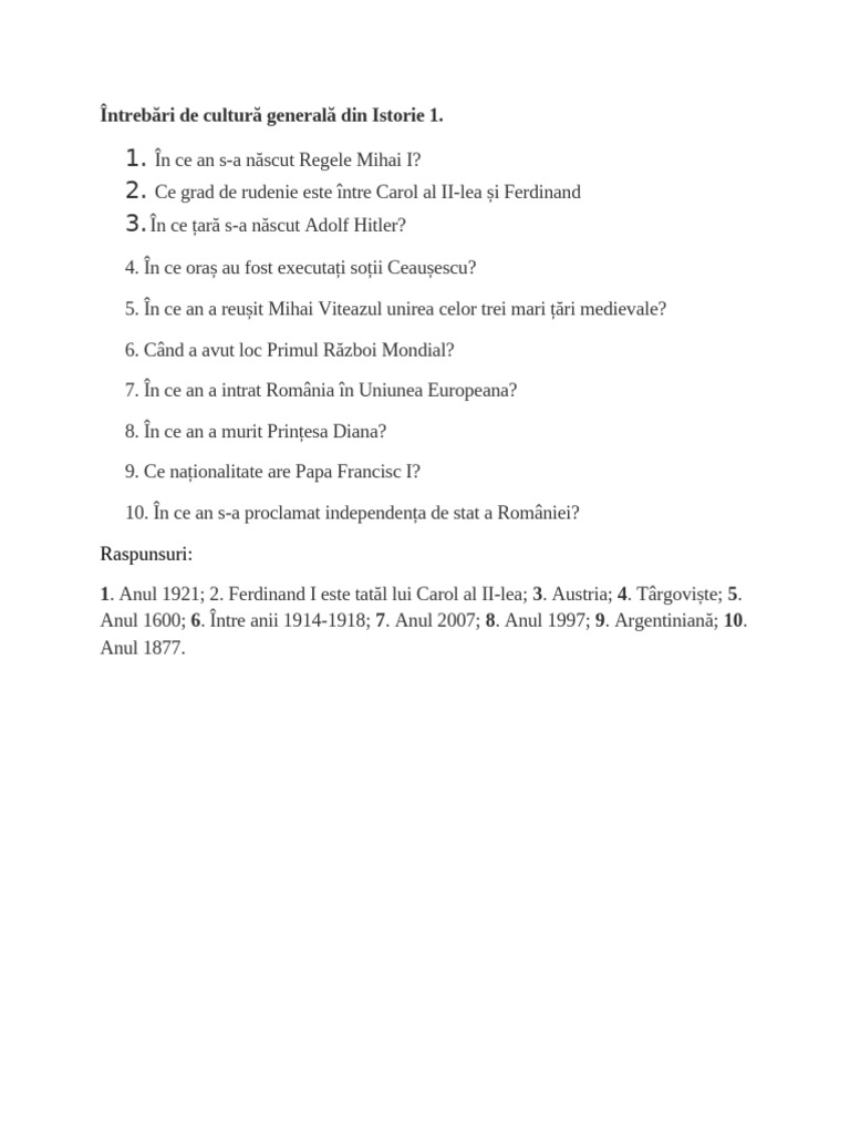 Întrebări de Cultură Generală Din Istorie 1 | PDF