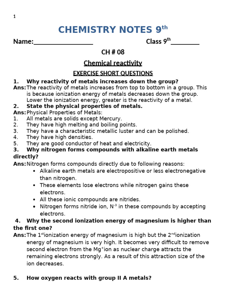 Chemistry 9th CH# 08 | PDF | Metals | Ion