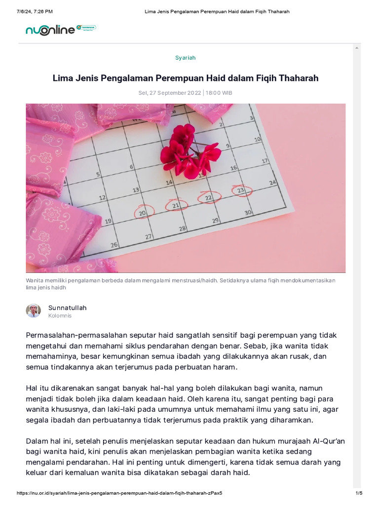 Lima Jenis Pengalaman Perempuan Haid Dalam Fiqih Thaharah | PDF