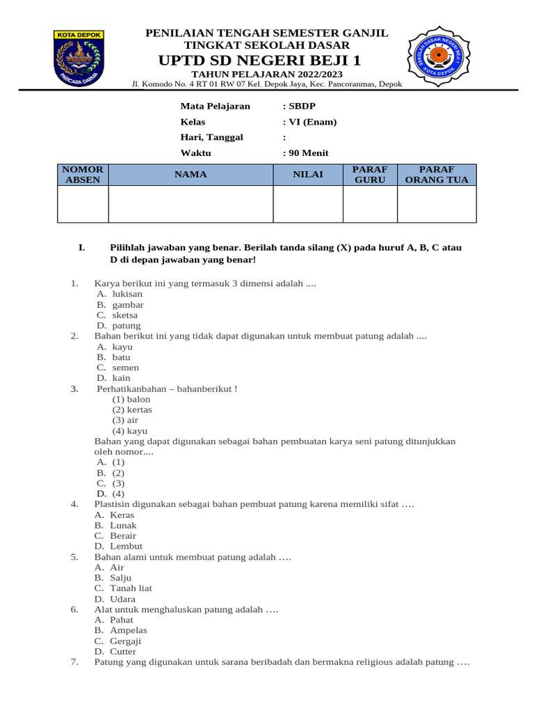 PTS Ganjil SBDP Kelas 6 | PDF