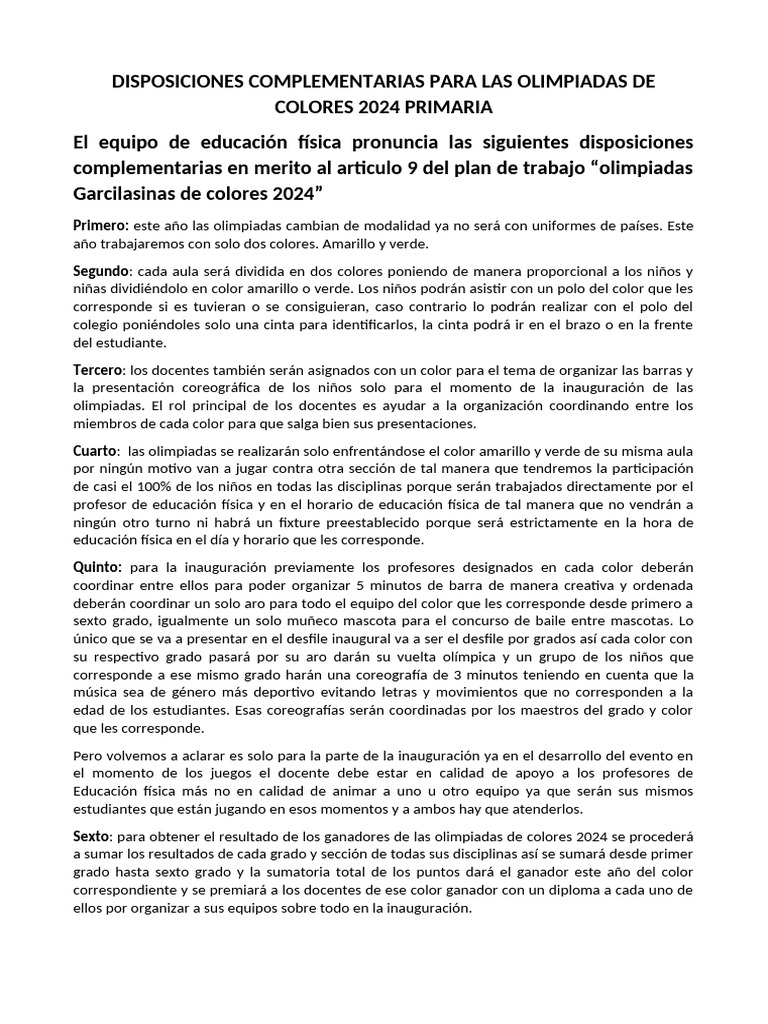 Disposiciones Complementarias para Las Olimpiadas de Colores 2024 Primaria | PDF