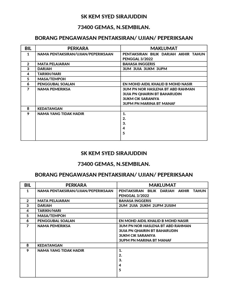 Borang Pengawasan Ujian | PDF