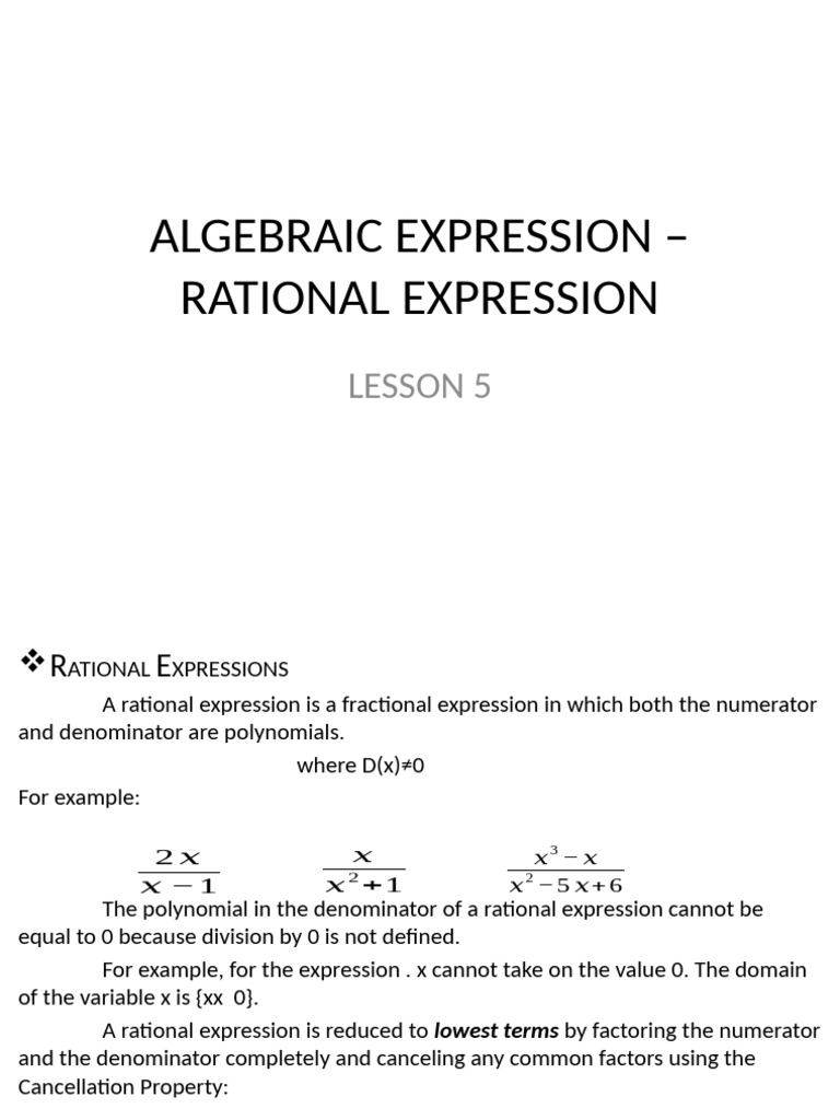 Lesson 5 - Algebraic Expression - Rational Expression | PDF