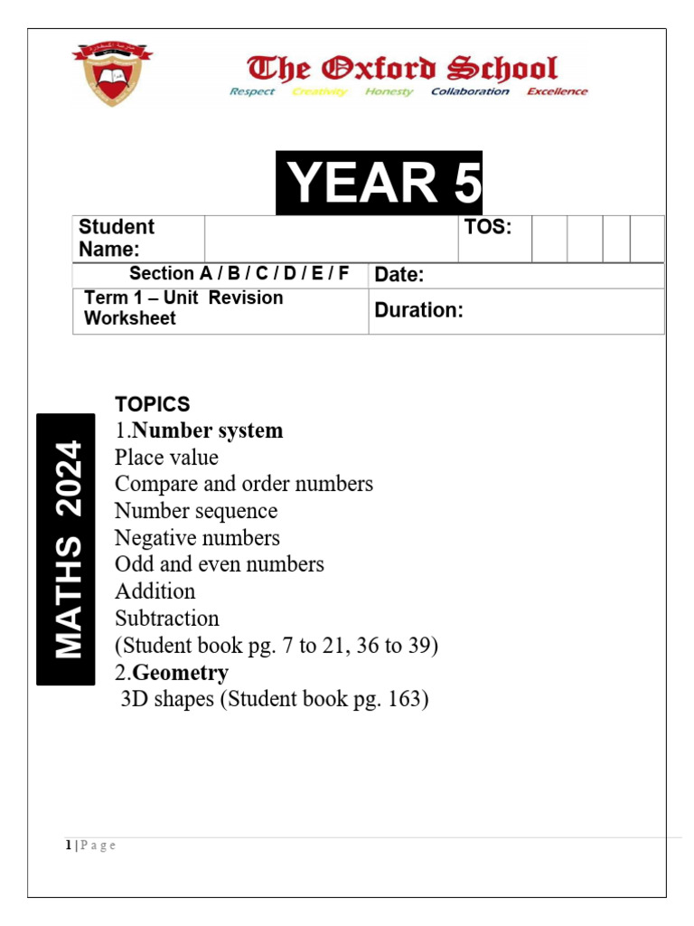 Term 1 - Maths Unit Test - Revision Worksheet | PDF