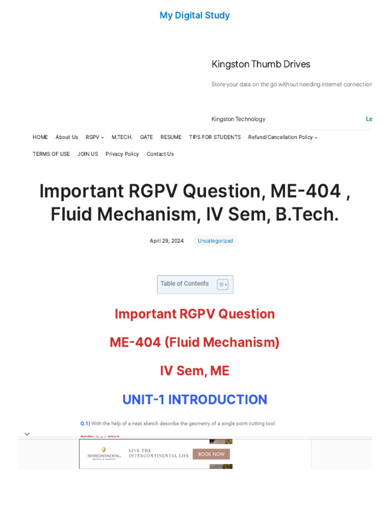 Important RGPV Question, ME-404, Fluid Mechanism, IV Sem, B.Tech. - My Digital Study | PDF