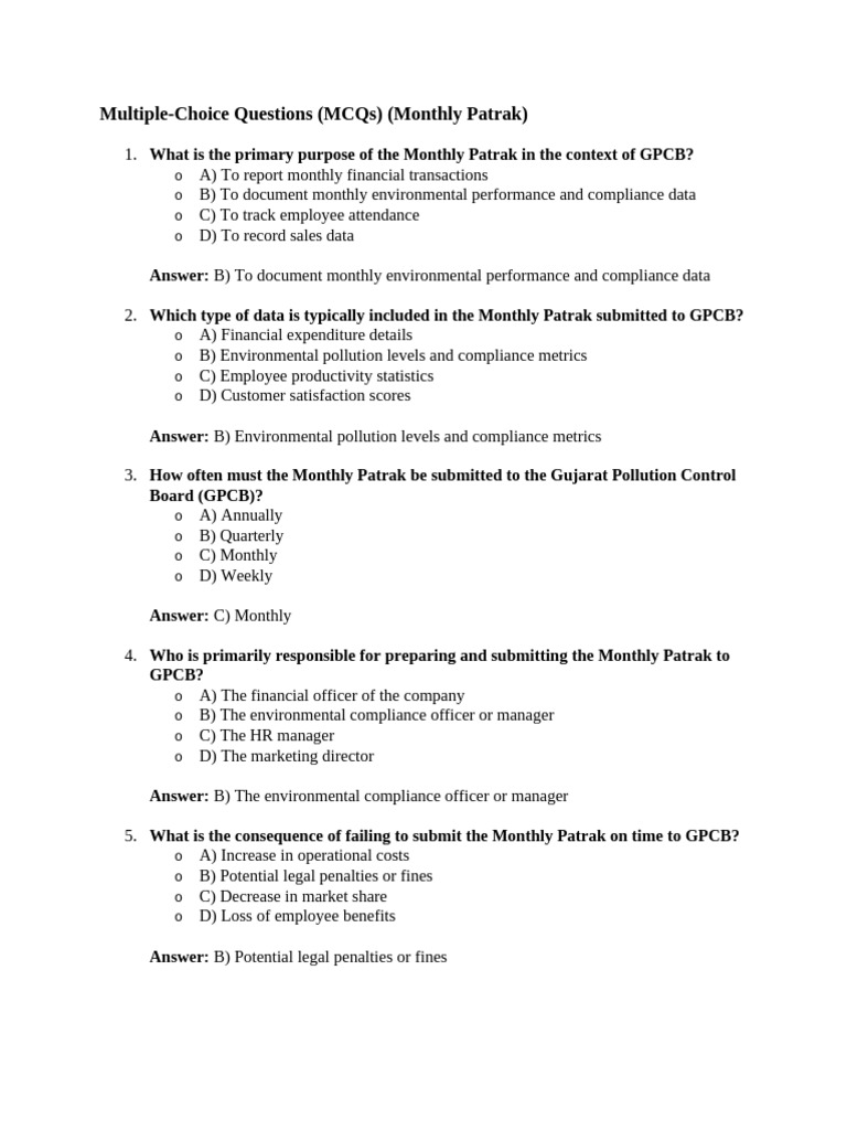 Multiple Choice Question Monthly Patrak | PDF