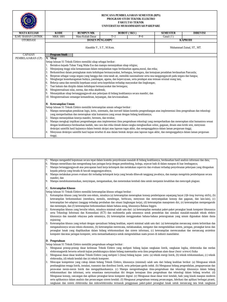 RPS Ilmu Bahan Listrik | PDF