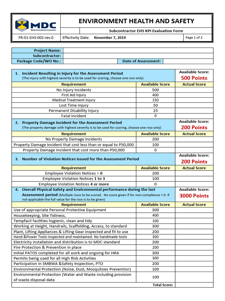 MDC - Subcontractor EHS KPI Evaluation Form FR-01-EHS-002-rev.0 | PDF