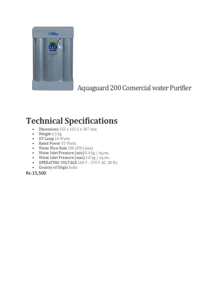 Aquaguard 200 Comercial Water Purifier | PDF