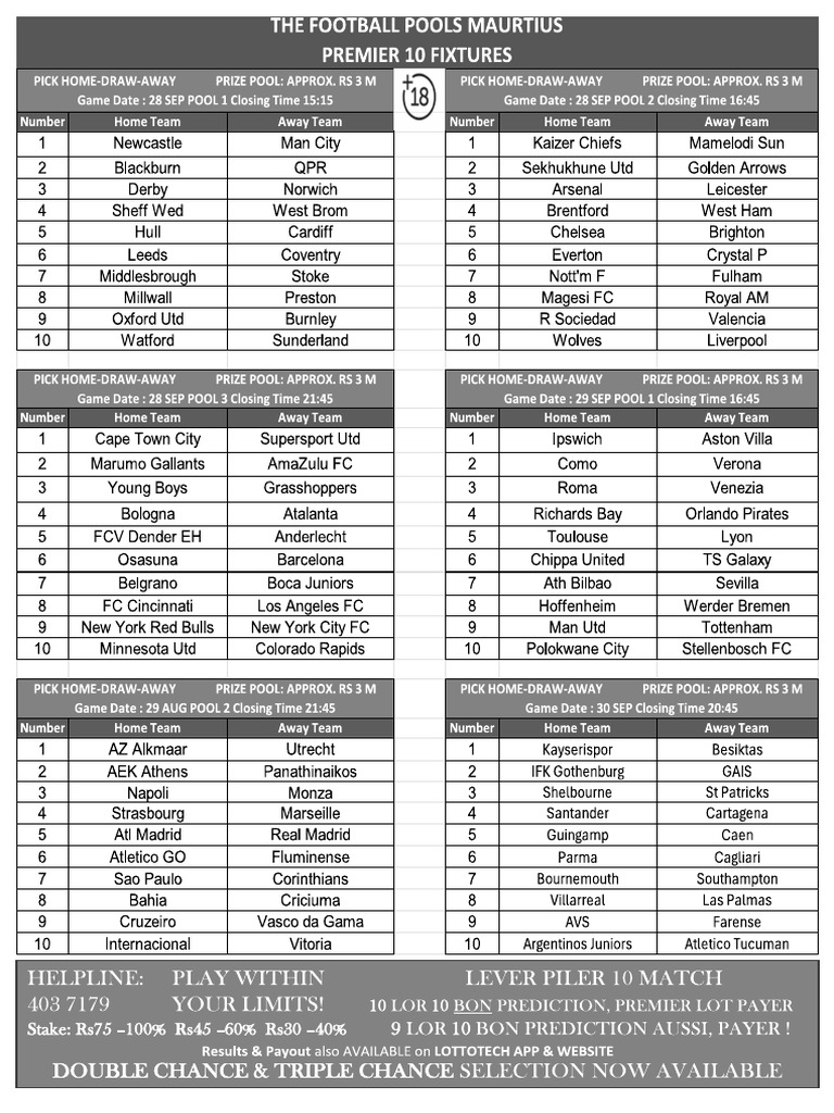 The Football Pools Fixtures (As From 28sep) | PDF