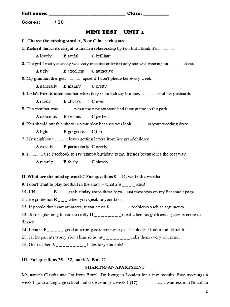 70 Bản - mini Test - unit 1 | PDF