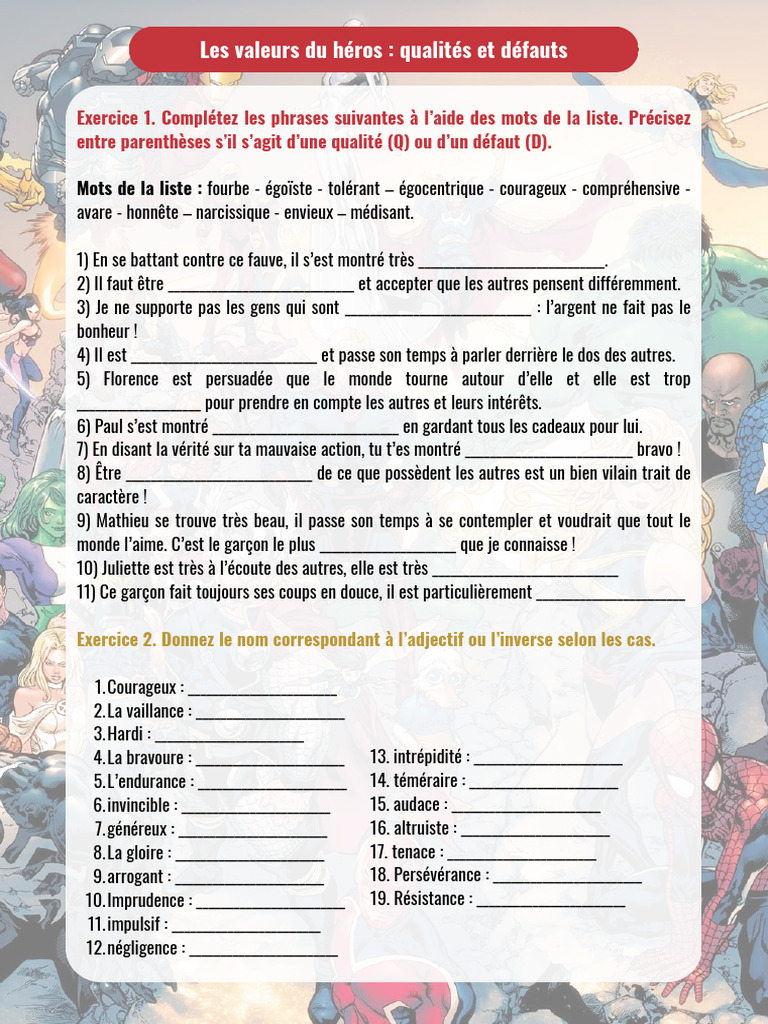 Les Valeurs Du Héros: Qualités Et Défauts: Mots de La Liste | PDF