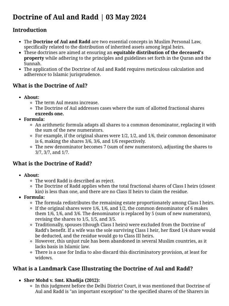 Aul and Radd in Muslim Inheritance Law | PDF | Inheritance | Science ...