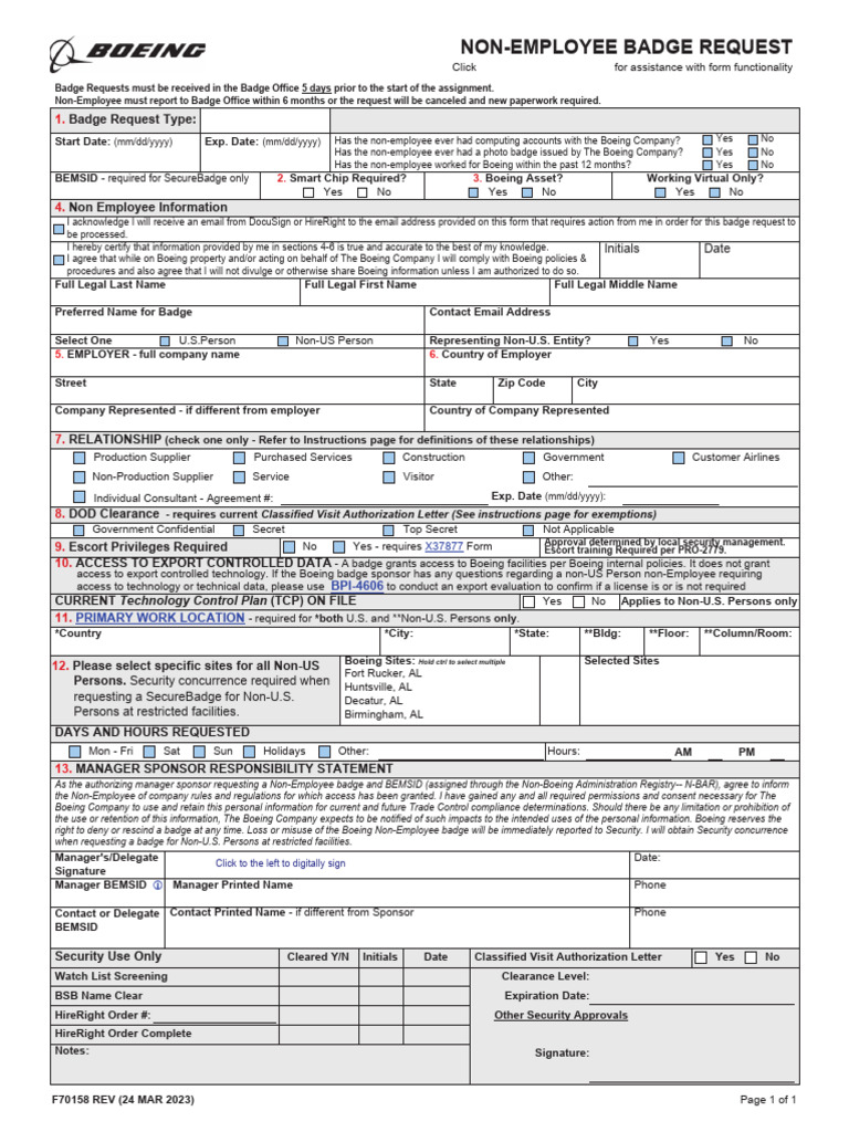 F70158, Non-Employee Badge Request 2-13-2024 | PDF
