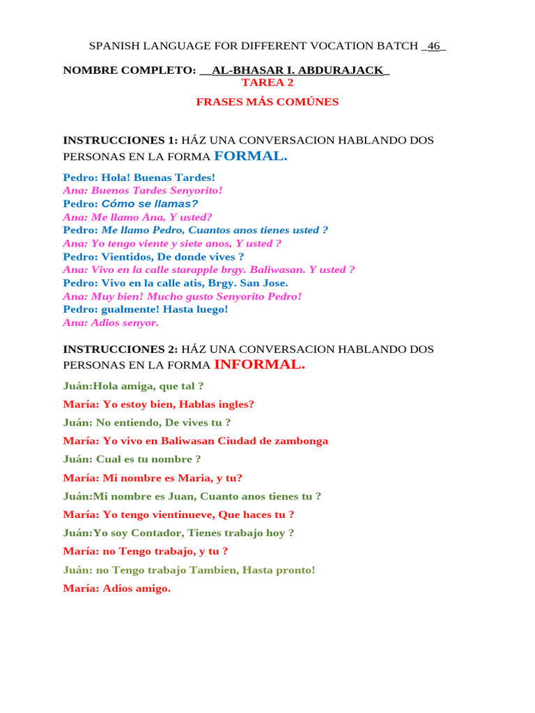 DAY 1 - TAREA 2 (GRADED) - Spanish Convo | PDF