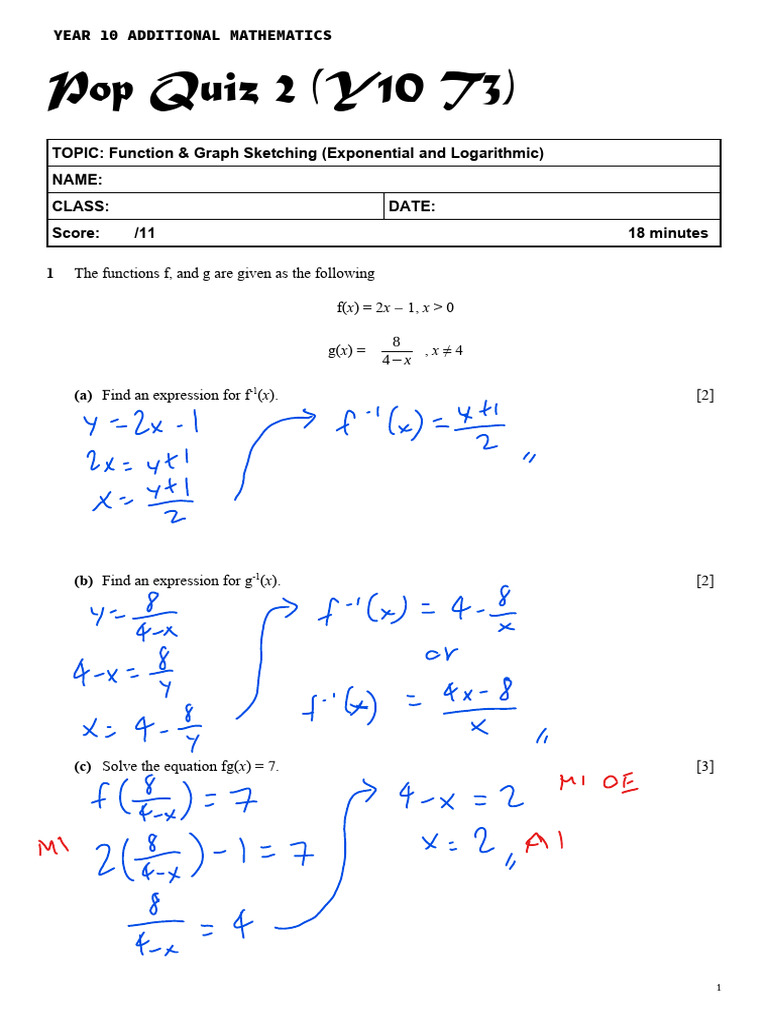 Pop Quiz 2 - Function (Y10 T3) (WS JM) | PDF