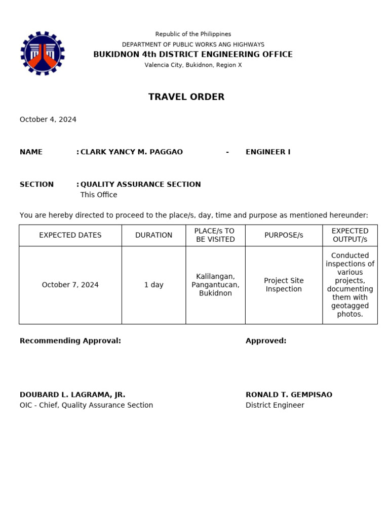 Travel Order: Bukidnon 4Th District Engineering Office | PDF