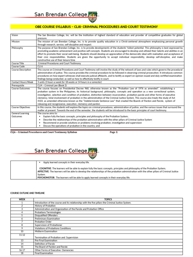 CLJ6 - Criminal Procedures and Court Testimony Syllabus | PDF ...