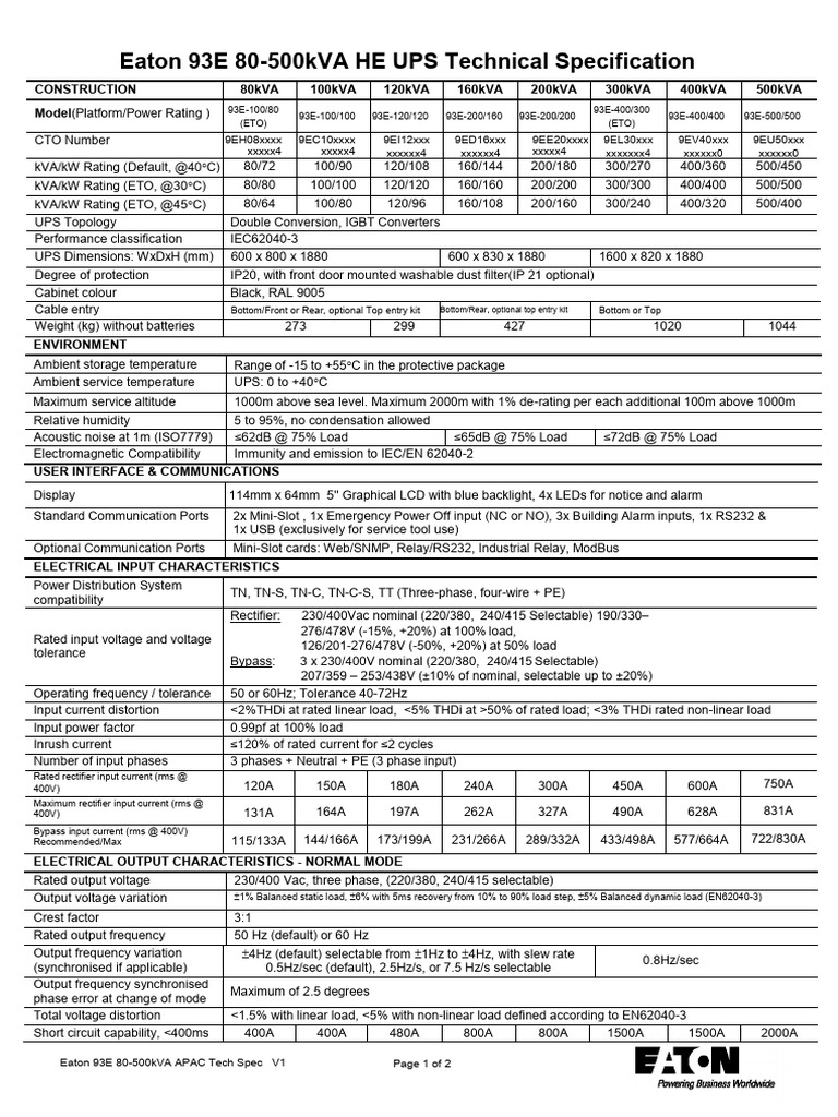 Eaton 93E 80-500kVA HE UPS Technical Specification | PDF