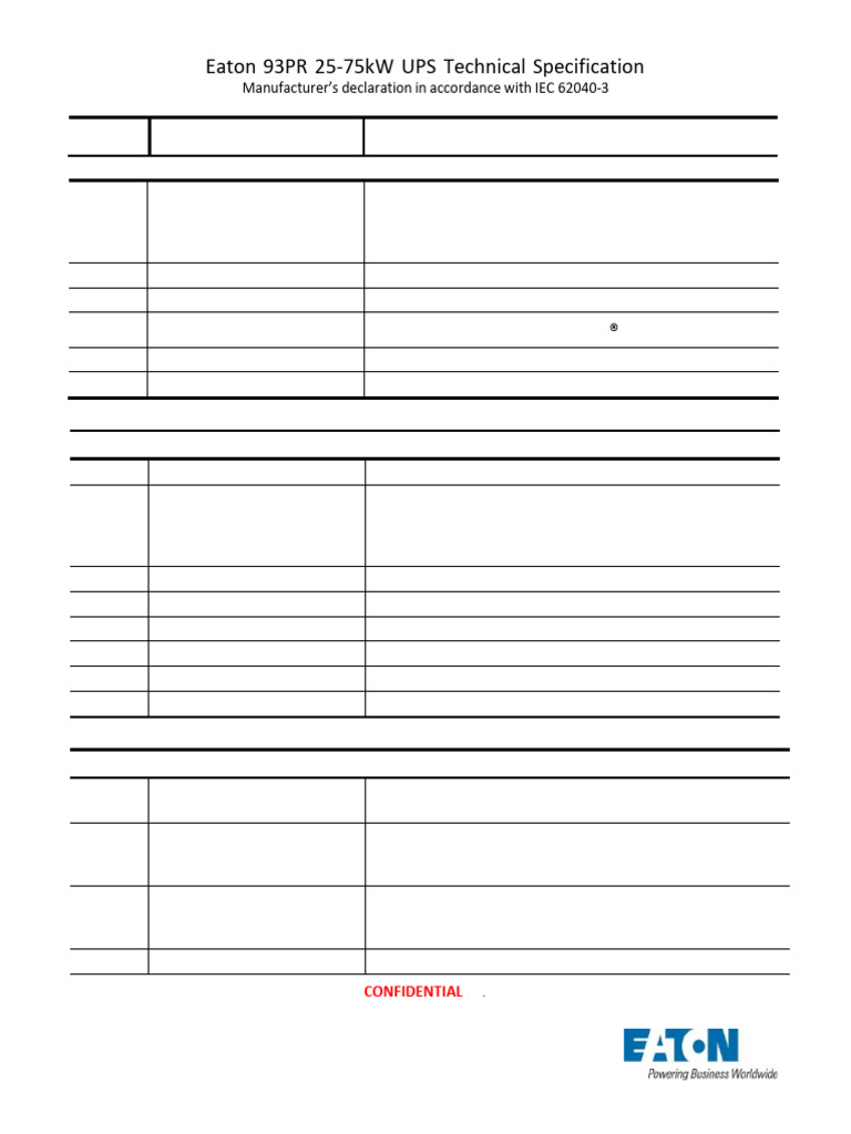 Eaton 93PR 25-75kW UPS Technical Specification | PDF