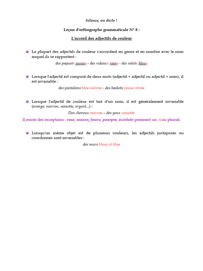 Accord des adjectifs de couleur | PDF | Arts du langage et discipline
