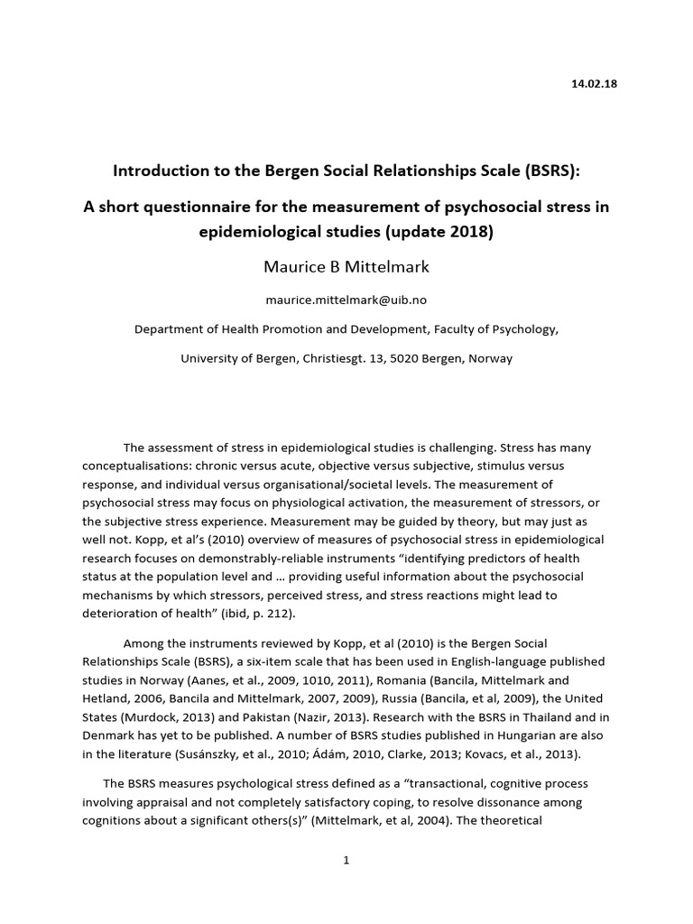Introduction To The Bergen Social Relationships Scale (BSRS) Update ...