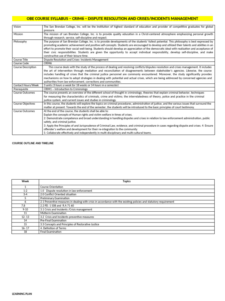 Dispute Resolution & Crisis Management Syllabus | PDF | Crimes | Crime & Violence