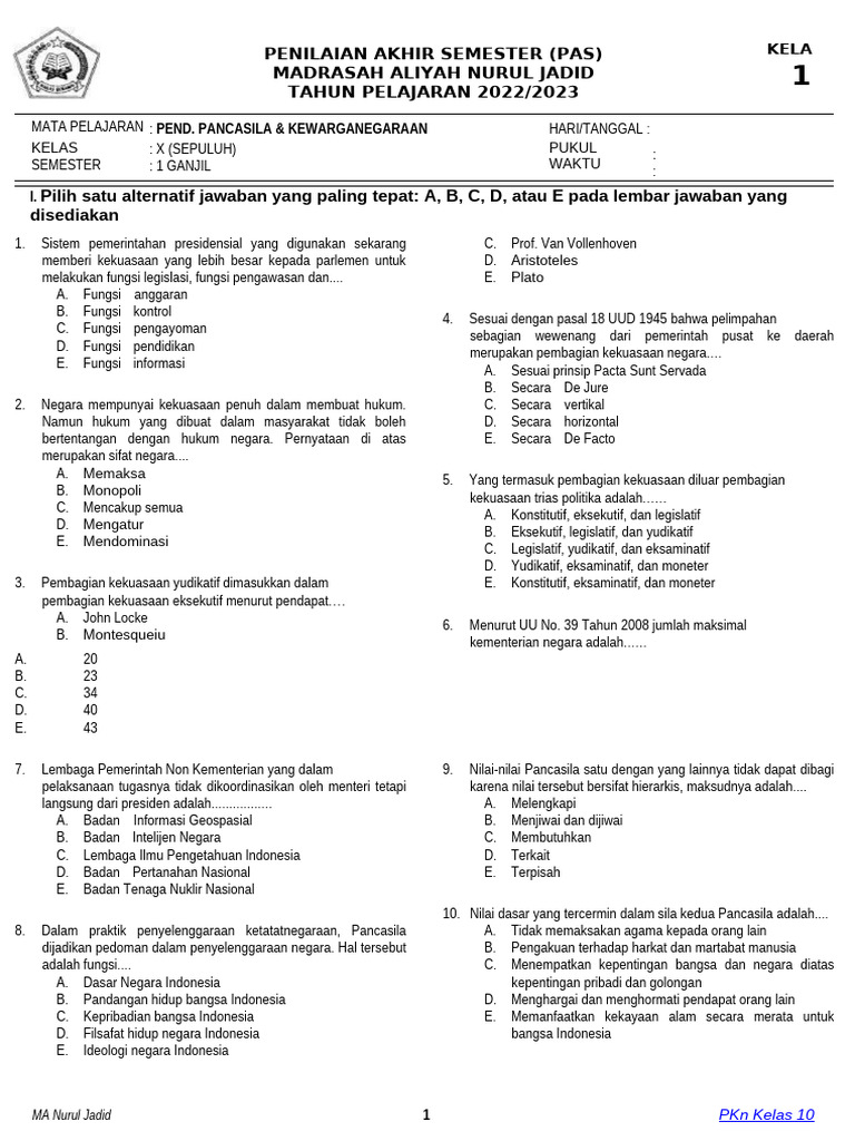 SOAL PAS PPKN KELAS 10 2022 | PDF