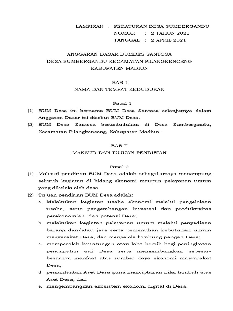 Angaran Dasar Bumdesa Santosa | PDF