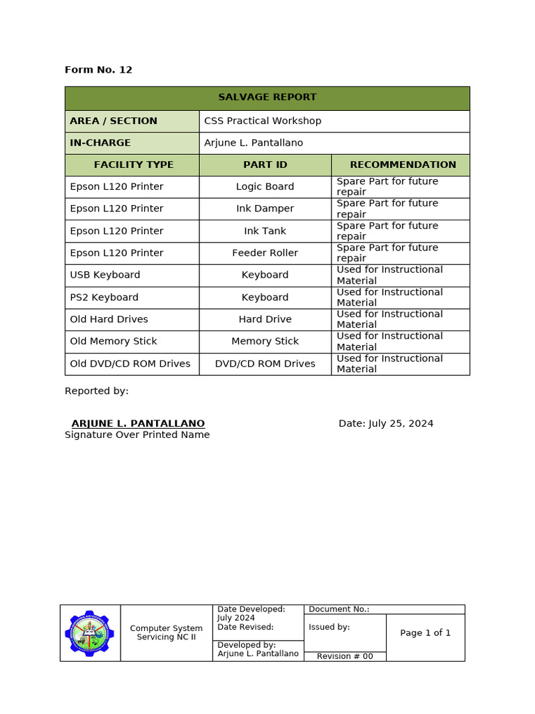 Form 12 - Salvage Report - ALPantallano | PDF