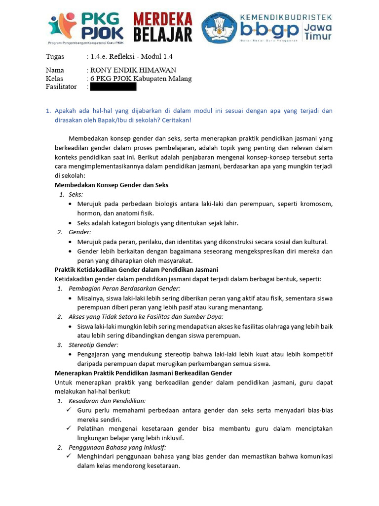 Contoh Tugas 1.4.e. Refleksi - Modul 1.4 | PDF