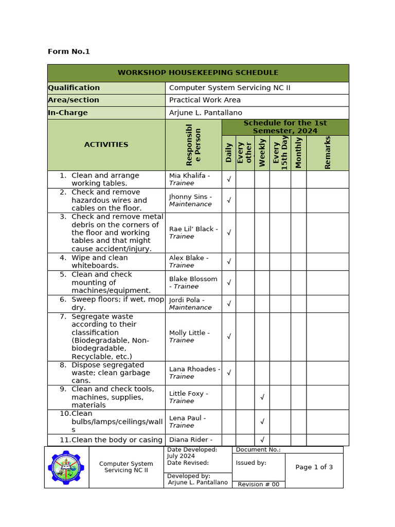 Form 1 - Housekeeping Schedule - ALPantallano | PDF