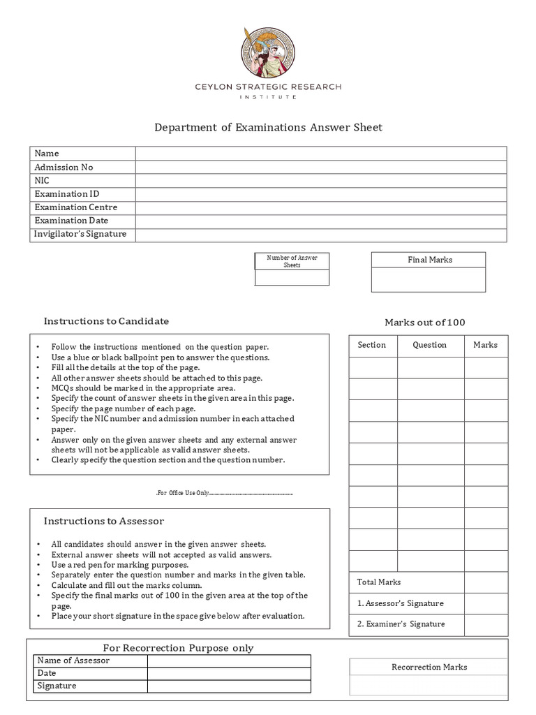Answer Sheet With 1st Page Csri | PDF