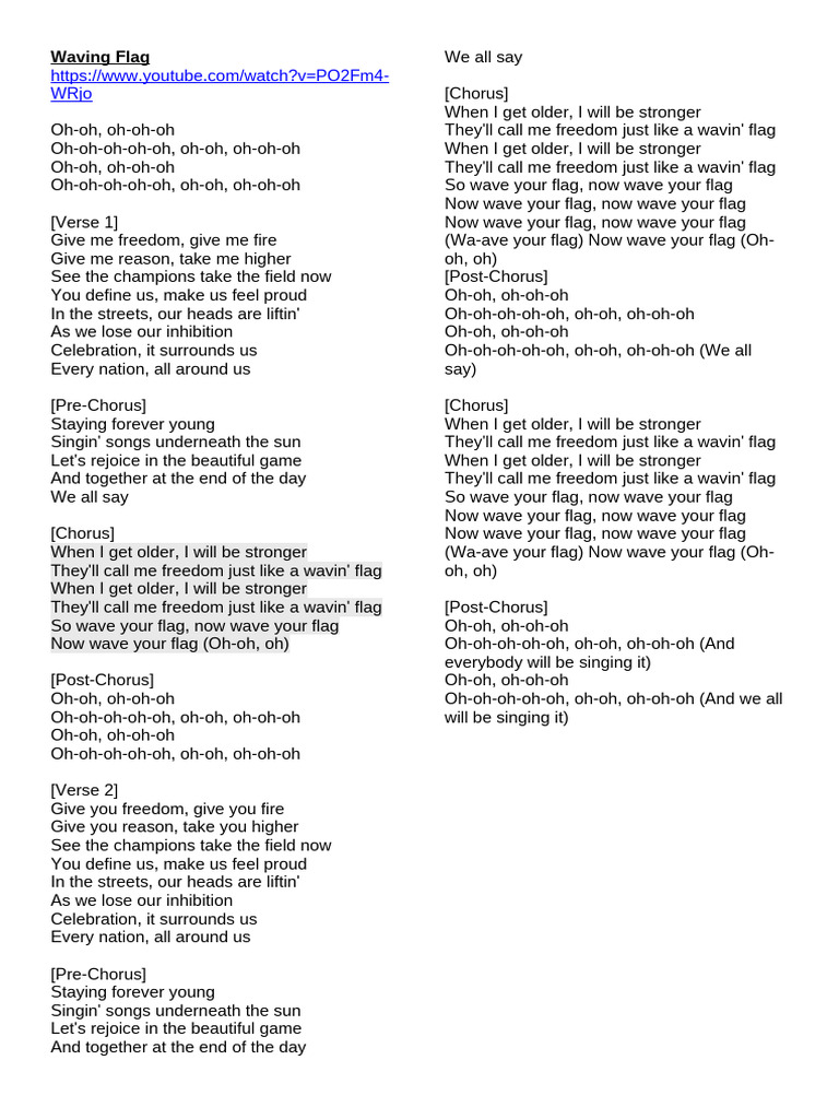 KG Song & Rhythm - Song Lyrics (Waving Flag KG2) | PDF