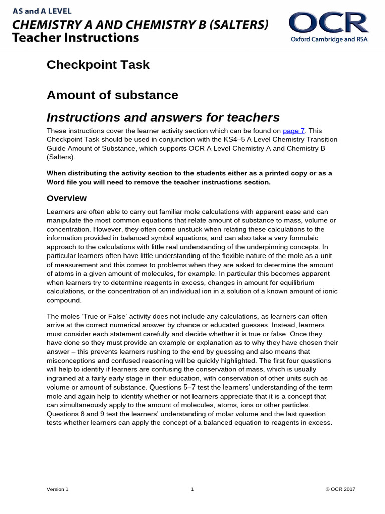Amount of Substance Ks4 Ks5 Checkpoint Task | PDF